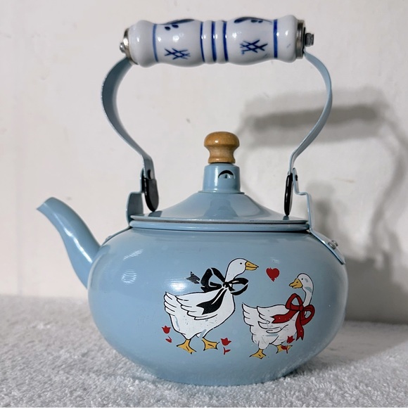 Vintage | Kitchen | Vintage Powder Blue Metal Teapot With Geese Ceramic ...